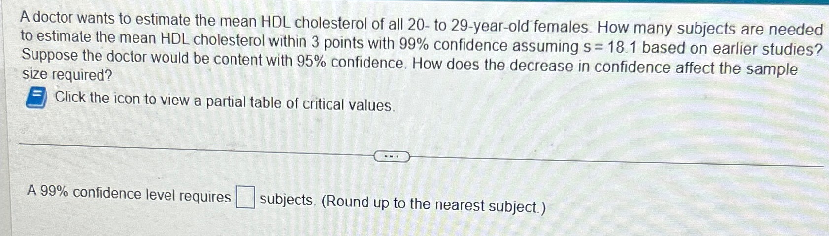 Solved A doctor wants to estimate the mean HDL cholesterol | Chegg.com