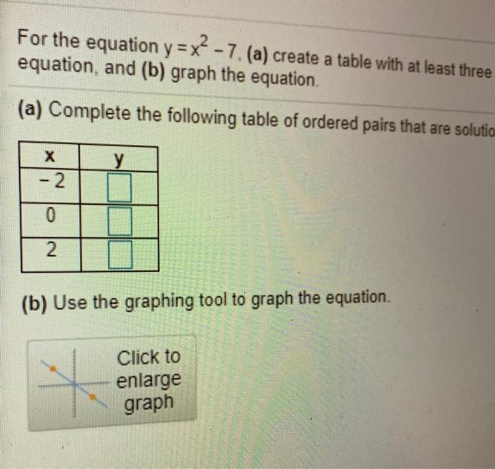 Solved For the equation y = x? - 7. (a) create a table with | Chegg.com