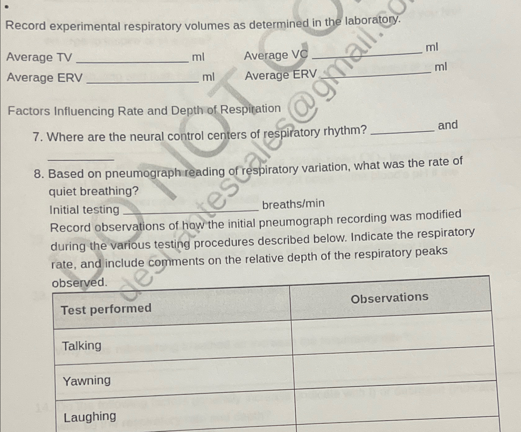 Solved Record experimental respiratory volumes as determined | Chegg.com