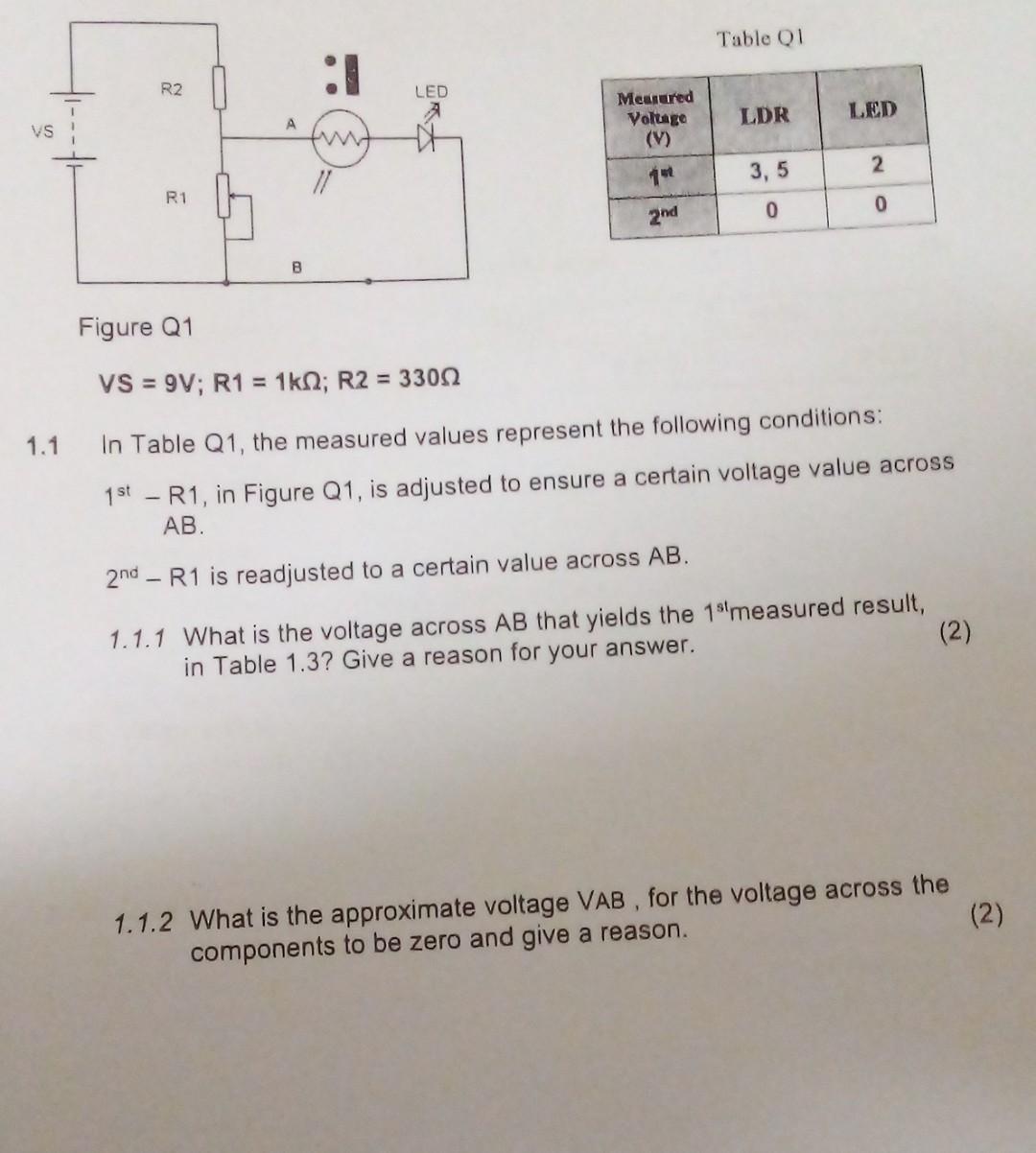 Solved Table QI Figure Q1 VS=9 V;R1=1kΩ;R2=330Ω 1 In Table | Chegg.com