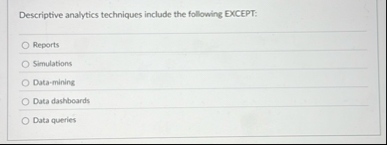 Solved Descriptive analytics techniques include the | Chegg.com