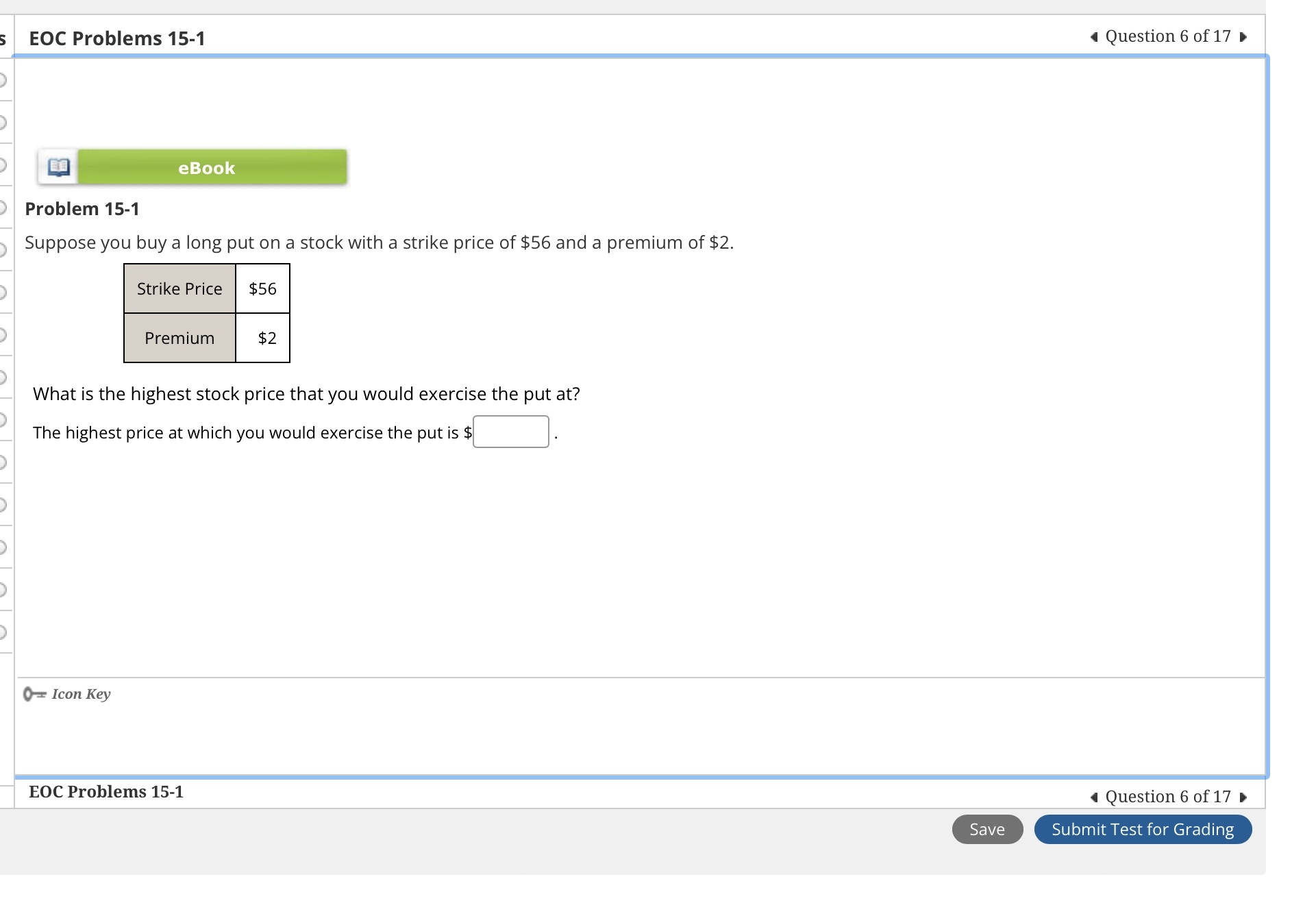Solved 6 ﻿of 17eBookProblem 15-1Suppose you buy a long put | Chegg.com