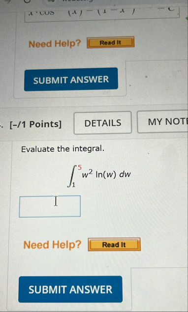 Solved Need Help? [-/1 ﻿Points] Evaluate the | Chegg.com