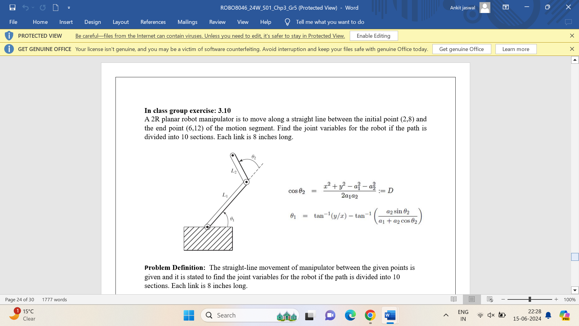 In class group exercise: 3.10A 2R ﻿planar robot | Chegg.com