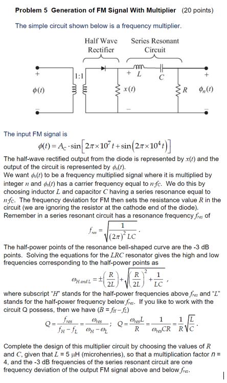 Solved Problem 5 ﻿Generation of FM Signal With Multiplier | Chegg.com