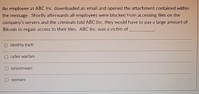Solved An employee at ABC Inc. downloaded an email and | Chegg.com