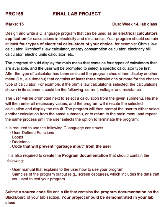 Solved Marks: 15Due: Week 14, ﻿lab classDesign and write a C | Chegg.com