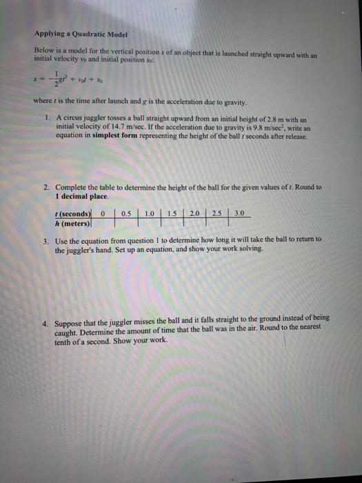 Solved Applying a Quadratic Model Below is a model for the | Chegg.com