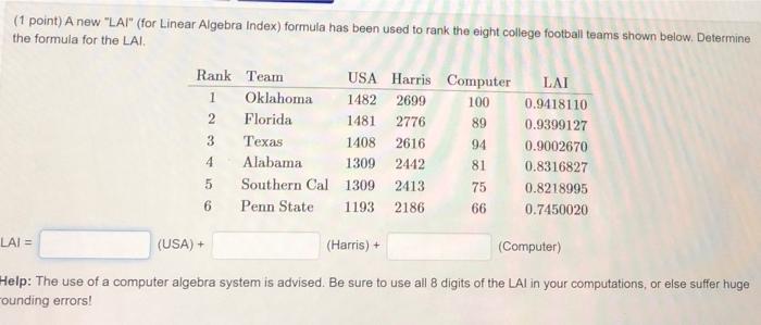 Solved (1 point) A new "LAI" (for Linear Algebra Index) | Chegg.com