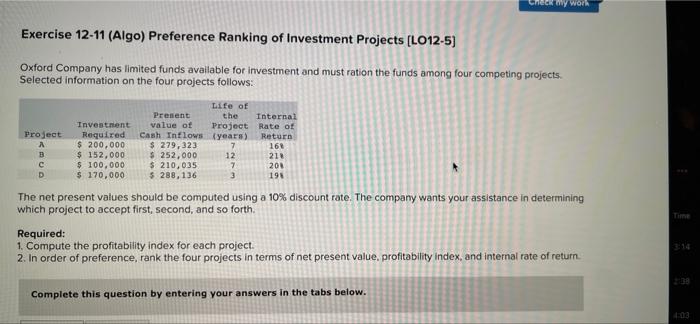 Solved Check my work Exercise 12-11 (Algo) Preference | Chegg.com