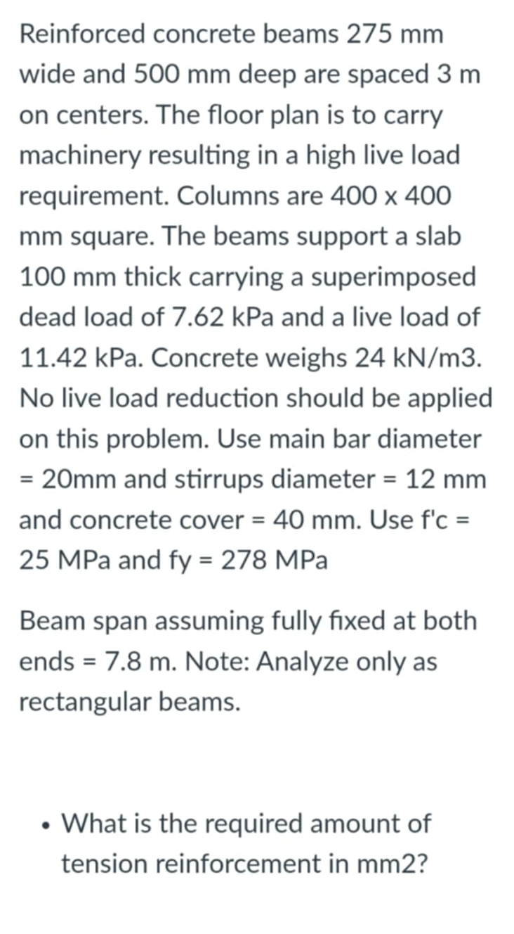 Reinforced concrete beams 275 ﻿mm wide and 500 ﻿mm | Chegg.com