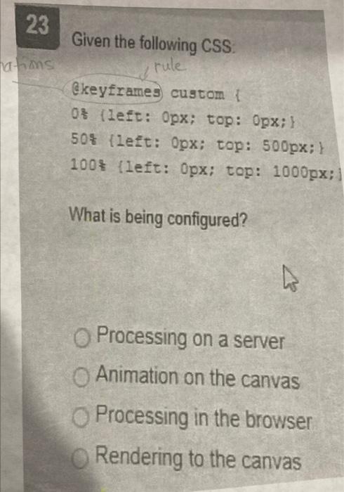 Solved 23 Mms Given the following CSS. rule @keyframes | Chegg.com