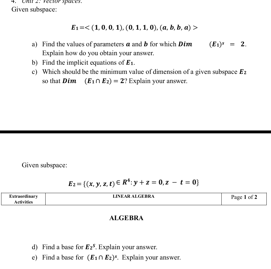 Solved Given subspace:E1= a) | Chegg.com
