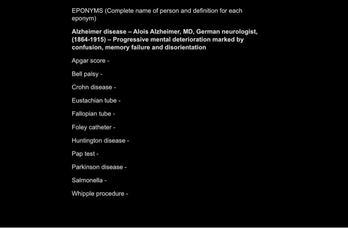 Solved EPONYMS (Complete name of person and definition for | Chegg.com