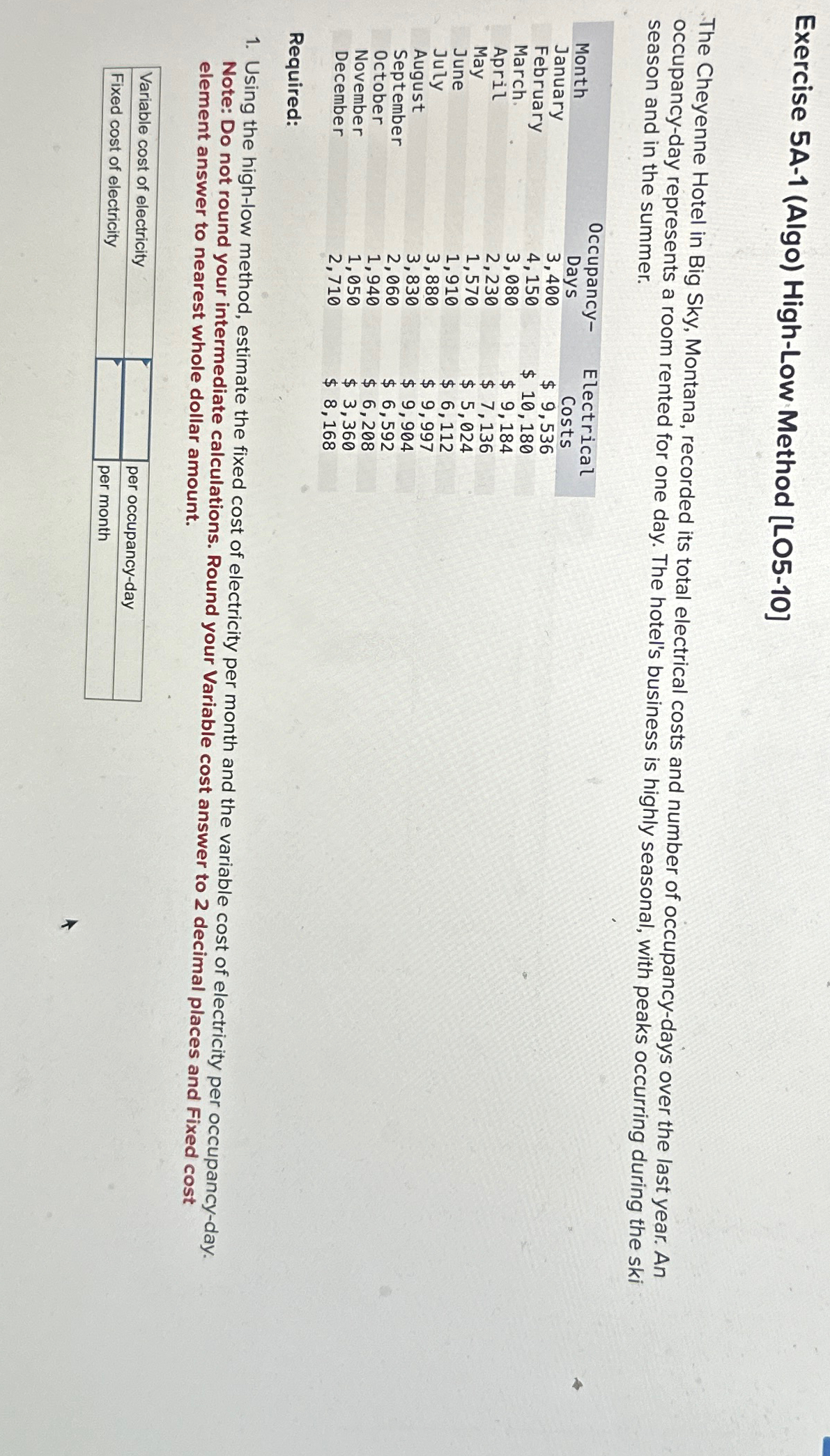Solved Exercise 5A-1 (Algo) ﻿High-Low Method [L05-10]The | Chegg.com