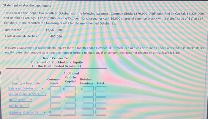 Solved Statement of stockholders' equity Noric Cruises Inc. | Chegg.com Solved Statement of stockholders' equity Noric Cruises Inc. | Chegg.com