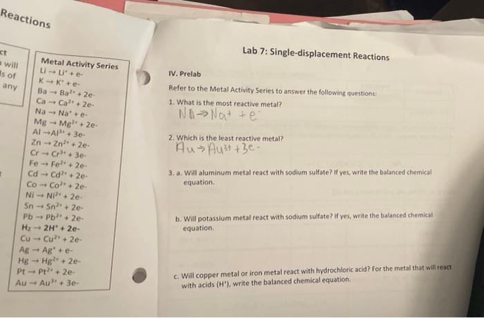 Solved Reactions Lab 7: Single-displacement Reactions ct | Chegg.com