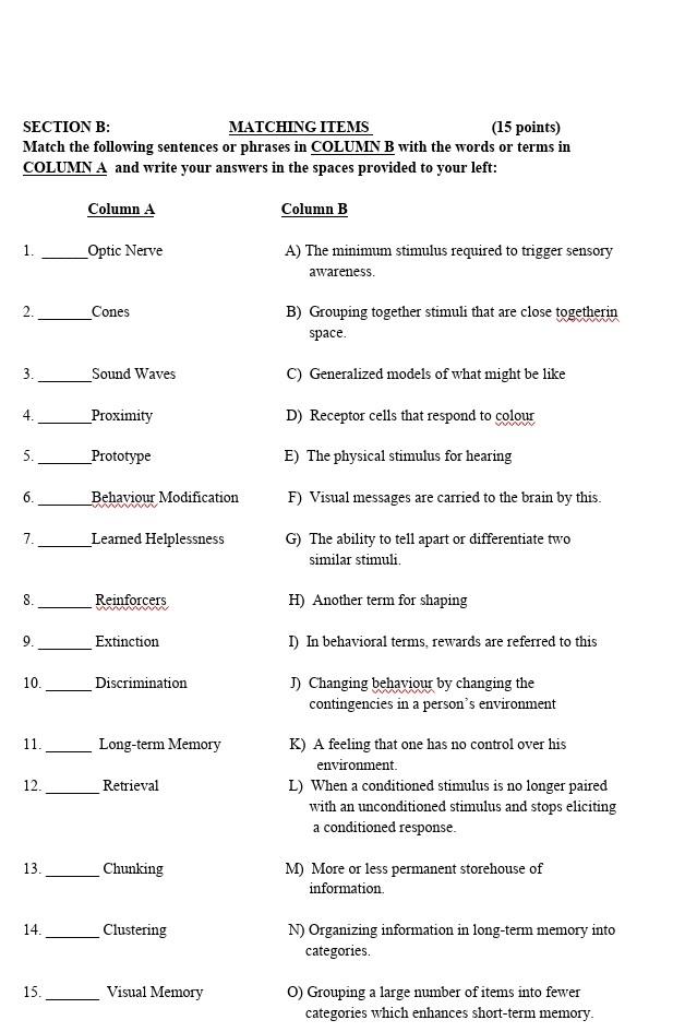 Solved SECTION B: MATCHING ITEMS (15 points) Match the | Chegg.com