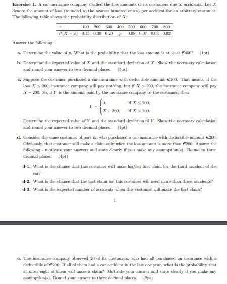 Solved Exercise 1. A car-insurance company studied the loss | Chegg.com