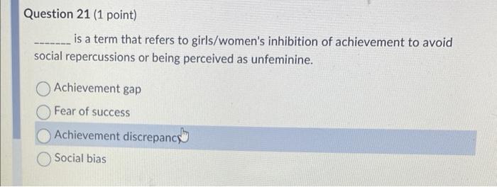 Solved is a term that refers to girls/women's inhibition of | Chegg.com