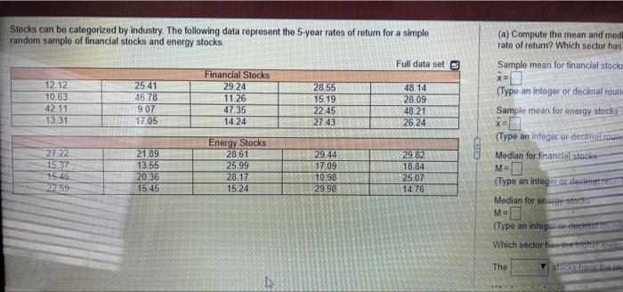 Solved Stocks can be categorized by industry. The following | Chegg.com