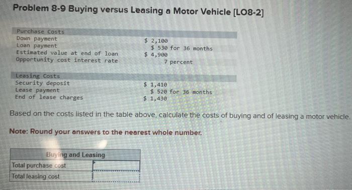 Solved Problem 8-9 Buying versus Leasing a Motor Vehicle | Chegg.com