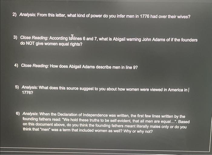 Primary Source Document 1: Abigail Adams to John | Chegg.com