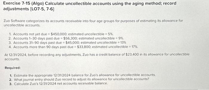 Solved Exercise 7-15 (Algo) Calculate uncollectible accounts | Chegg.com