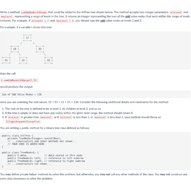 Solved Write a method sumOddNodes InRange that could be | Chegg.com