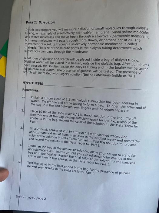 AP BIOLOGY Unit 2 Lab #2 NAME DATE DIFFUSION AND | Chegg.com