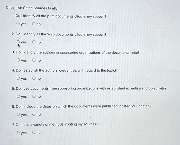 Checklist: Citing Sources Orally 1. Do I identify all | Chegg.com