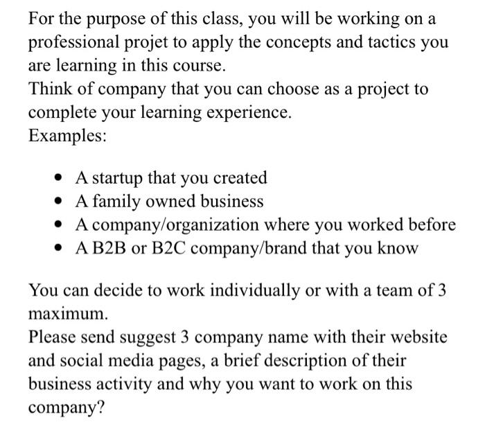 Solved For the purpose of this class, you will be working on | Chegg.com