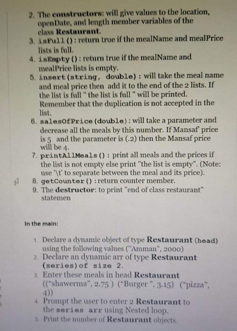 Solved Write a program that defines a class Restaurant with | Chegg.com