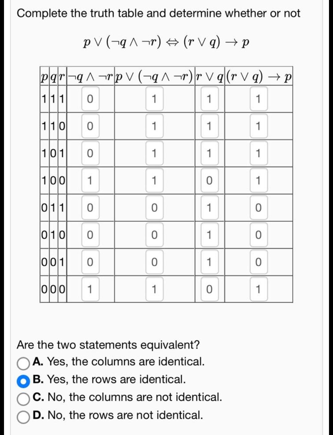 Solved Complete the truth table and determine whether or | Chegg.com