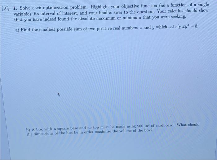 Solved 1. Solve each optimization problem. Highlight your | Chegg.com