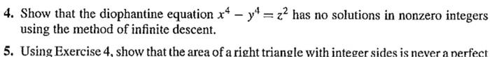 Solved 4. Show that the diophantine equation x4−y4=z2 has no | Chegg.com