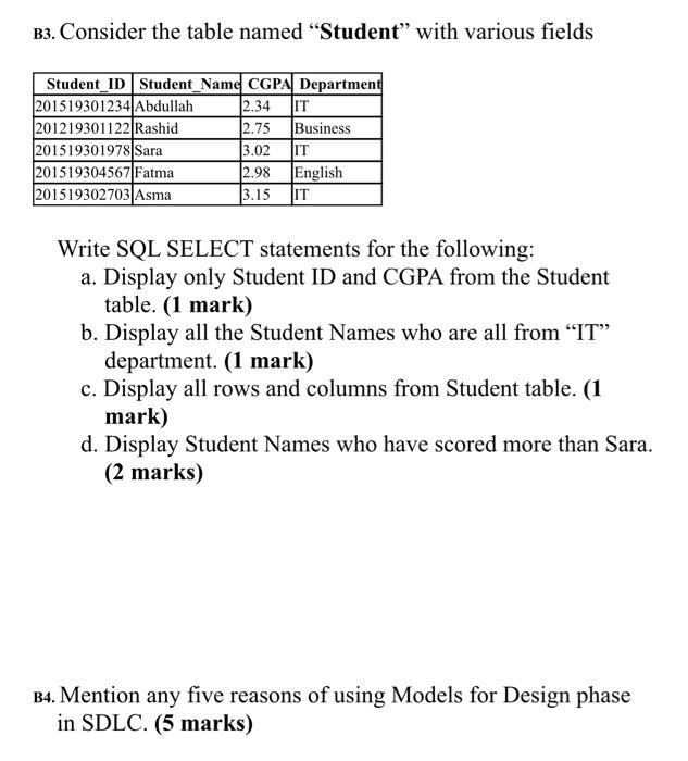 Solved B3. Consider the table named "Student” with various | Chegg.com