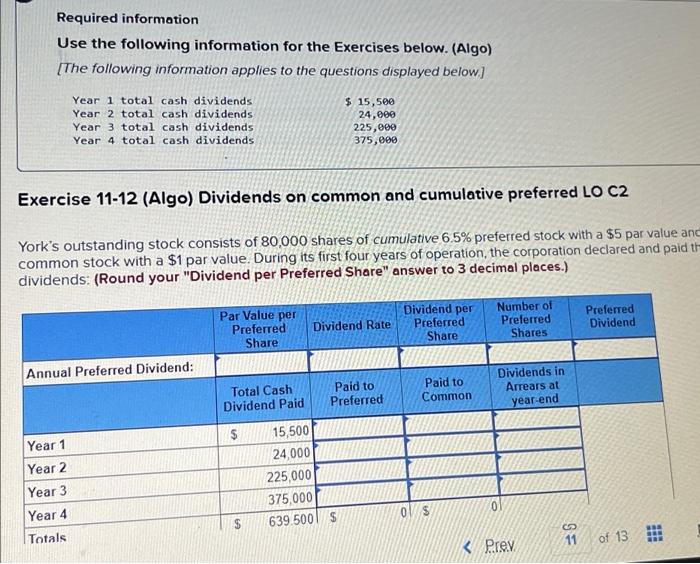 Solved QS 11-12 (Algo) Dividend allocation between classes | Chegg.com