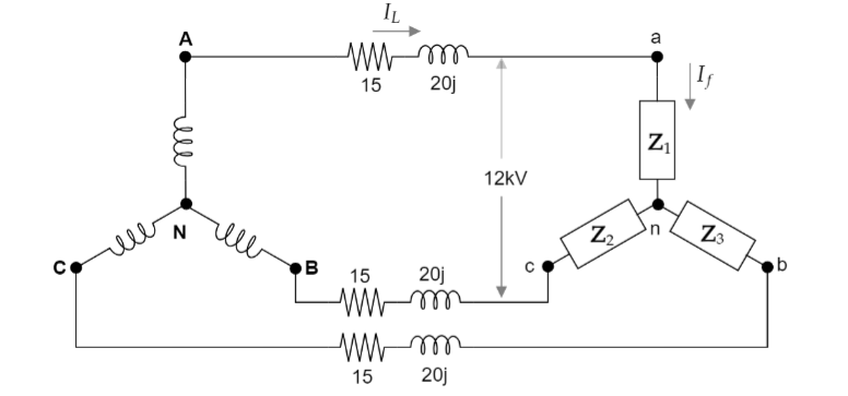 Solved Each transmission line of the three-phase three-wire | Chegg.com