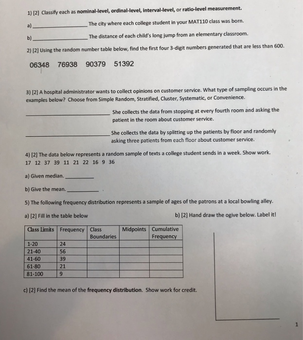 Solved 1) [2) Classify each as nominal-level, ordinal-level, | Chegg.com
