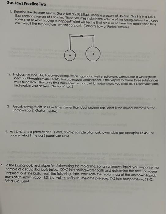 1. Examine the diogram below. Gas A is in a 2.00 L | Chegg.com