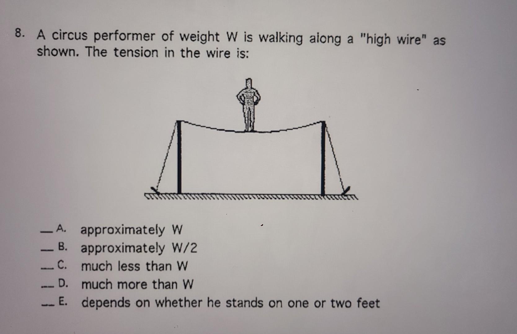 Solved 8. A circus performer of weight W is walking along a | Chegg.com