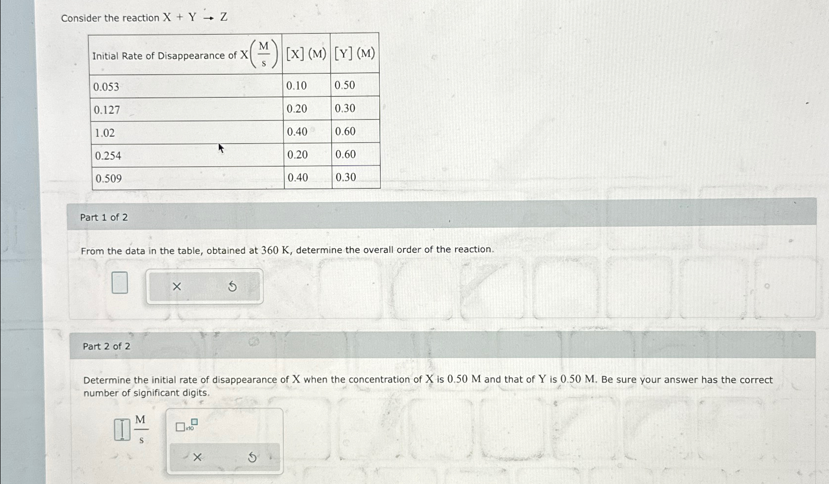 Solved Consider the reaction x+Y→Z\table[[Initial Rate of | Chegg.com