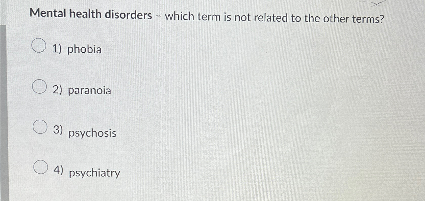 Solved Mental health disorders - ﻿which term is not related | Chegg.com
