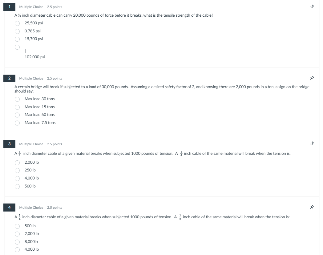 Solved 4Multiple ChoiceA 14 ﻿inch diameter cable of ﻿a given | Chegg.com