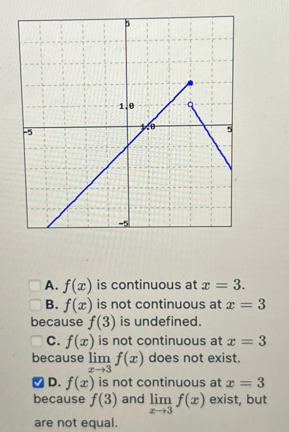 Solved A. f(x) ﻿is continuous at x=3.B. f(x) ﻿is not | Chegg.com
