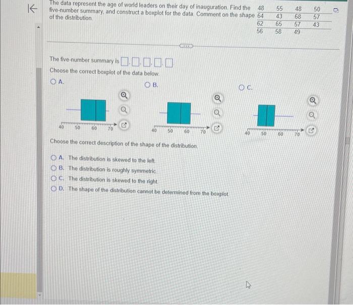 Solved The five-number summary is Choose the correct boxplot | Chegg.com