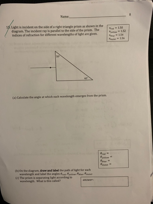 Solved Name: 15. Light is incident on the side of a right | Chegg.com
