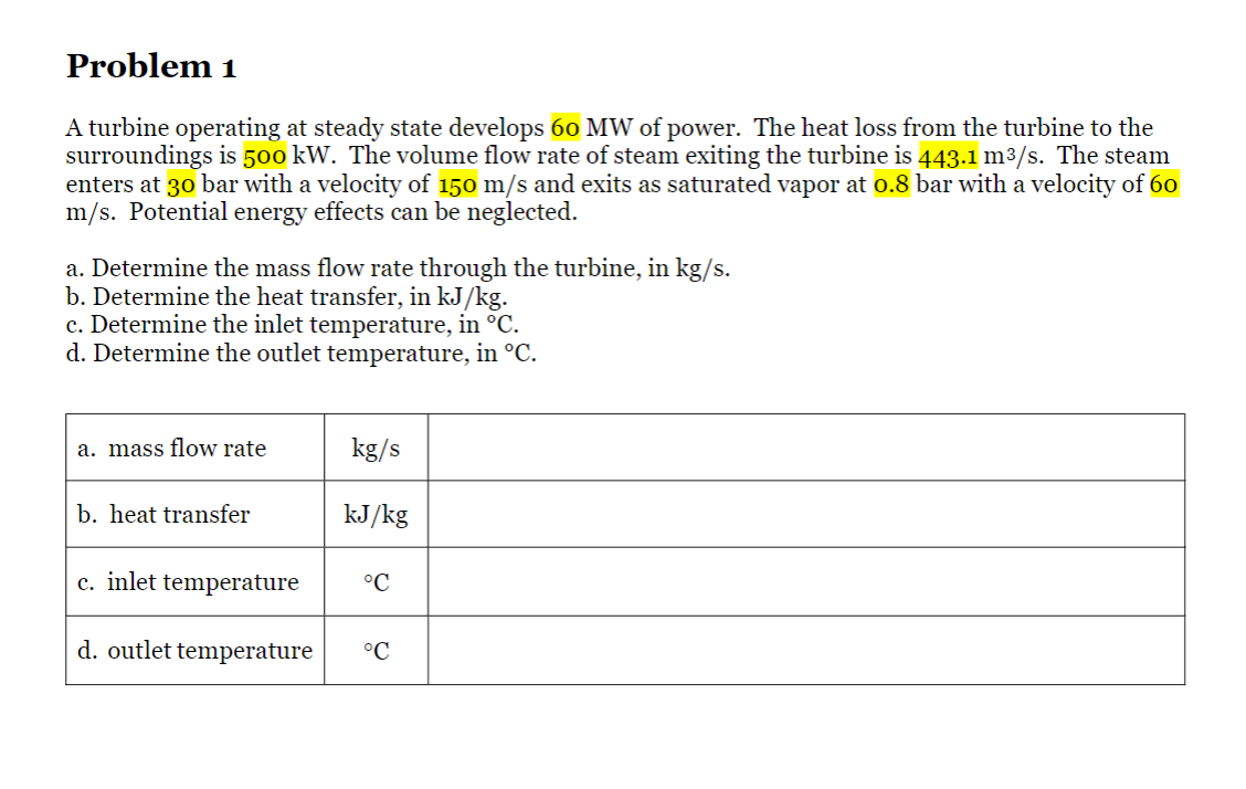 Solved Problem 1A turbine operating at steady state develops | Chegg.com