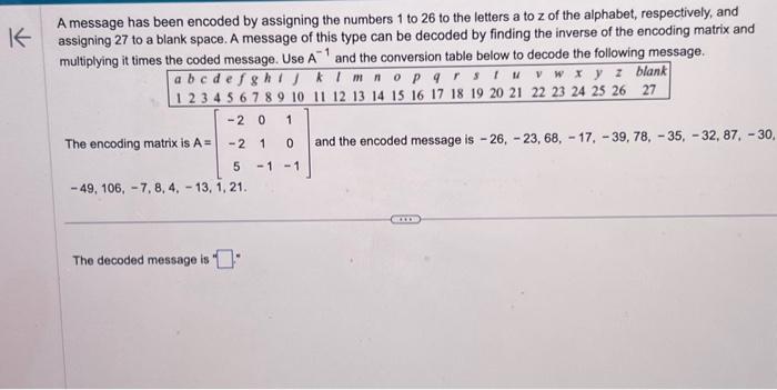 Solved A message has been encoded by assigning the numbers 1 | Chegg.com